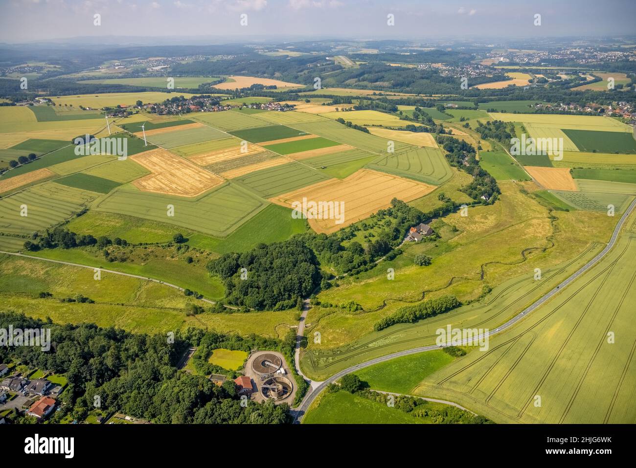 Aerial view, meadows and fields, sewage plant Ense-Bremen, Bremer Heide ...