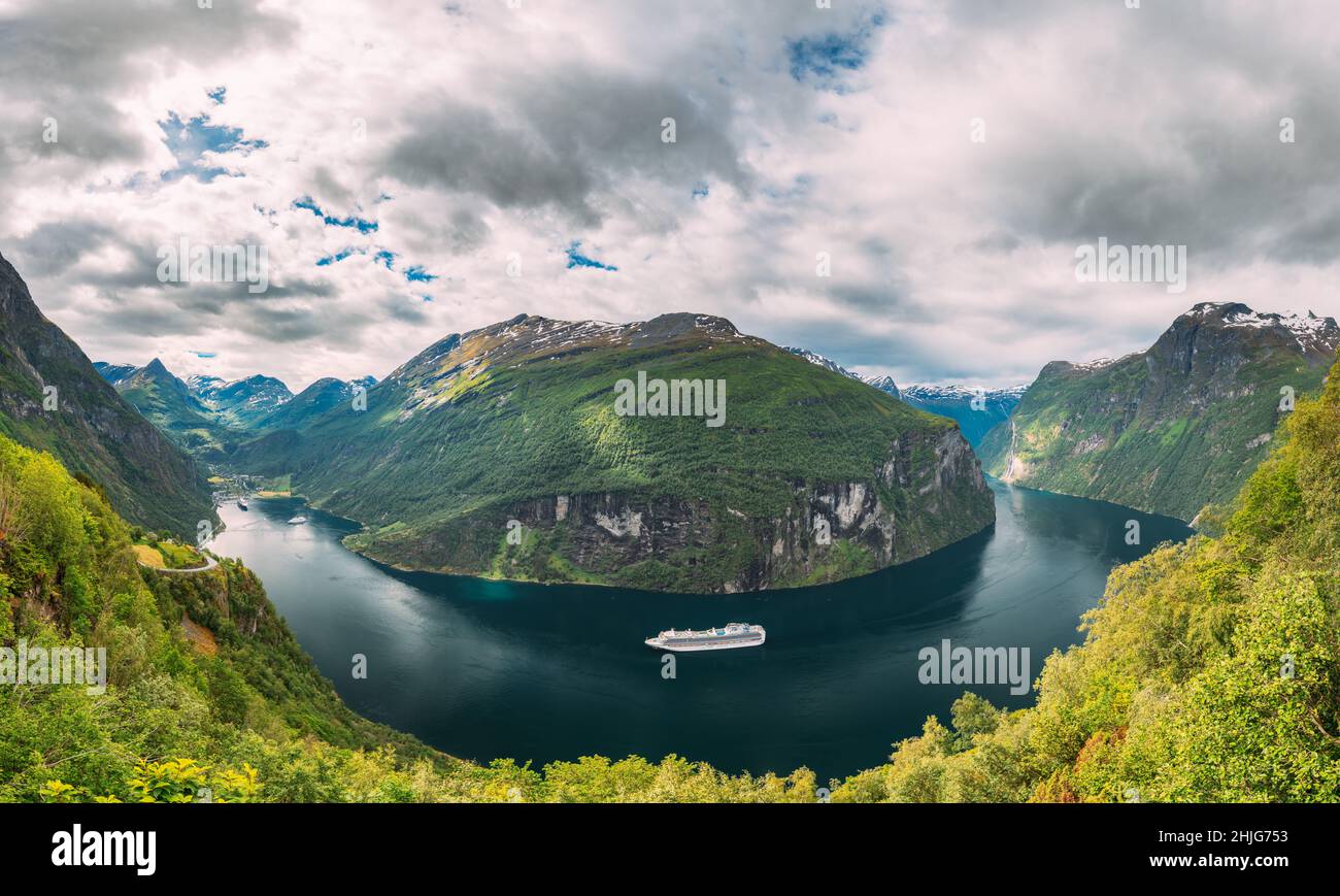 Geirangerfjord, Norway. Touristic Ship Ferry Boat Cruise Ship Liner ...