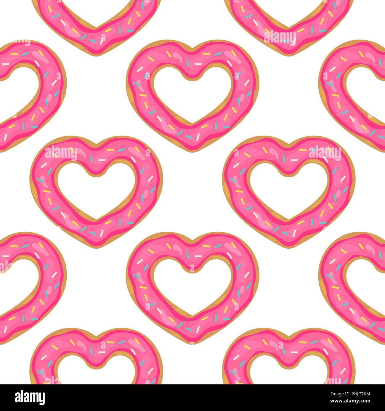 Heart Donut seamless pattern. Cute cartoon doughnuts with pink glaze on ...