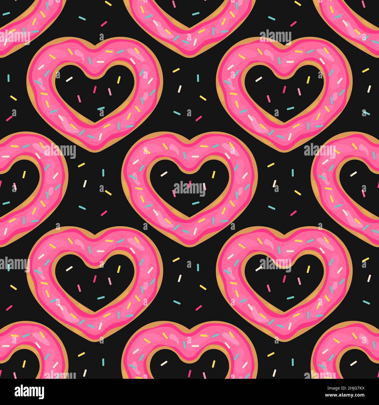 Heart Donut seamless pattern. Cute cartoon doughnuts with pink glaze on ...