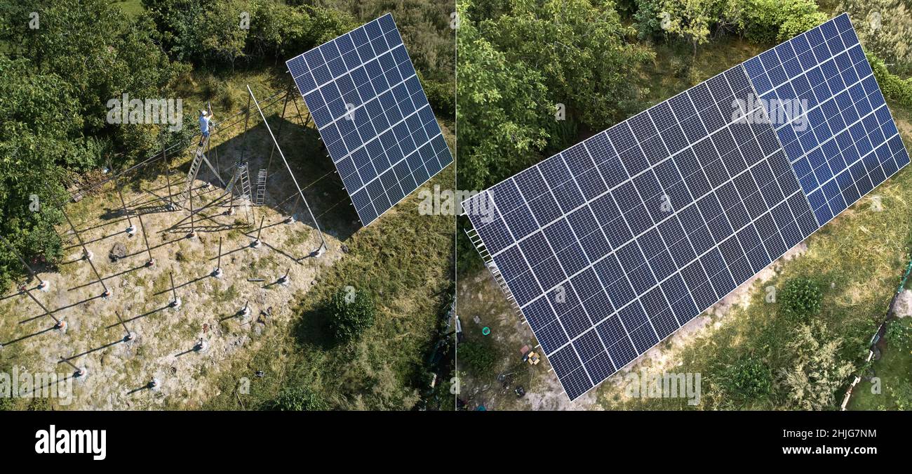 Collage of photos of installation and ready solar panels in field at ...