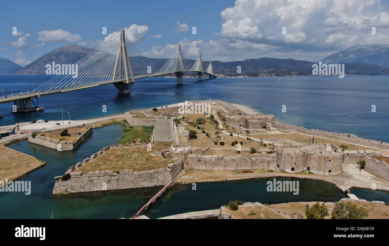 Rio - Antirio bridge with Rio castle,aerial drone view,Rio,Achaia ...