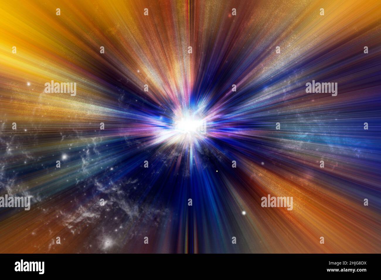 Golden abstract space background with stars. Explosions of light ...