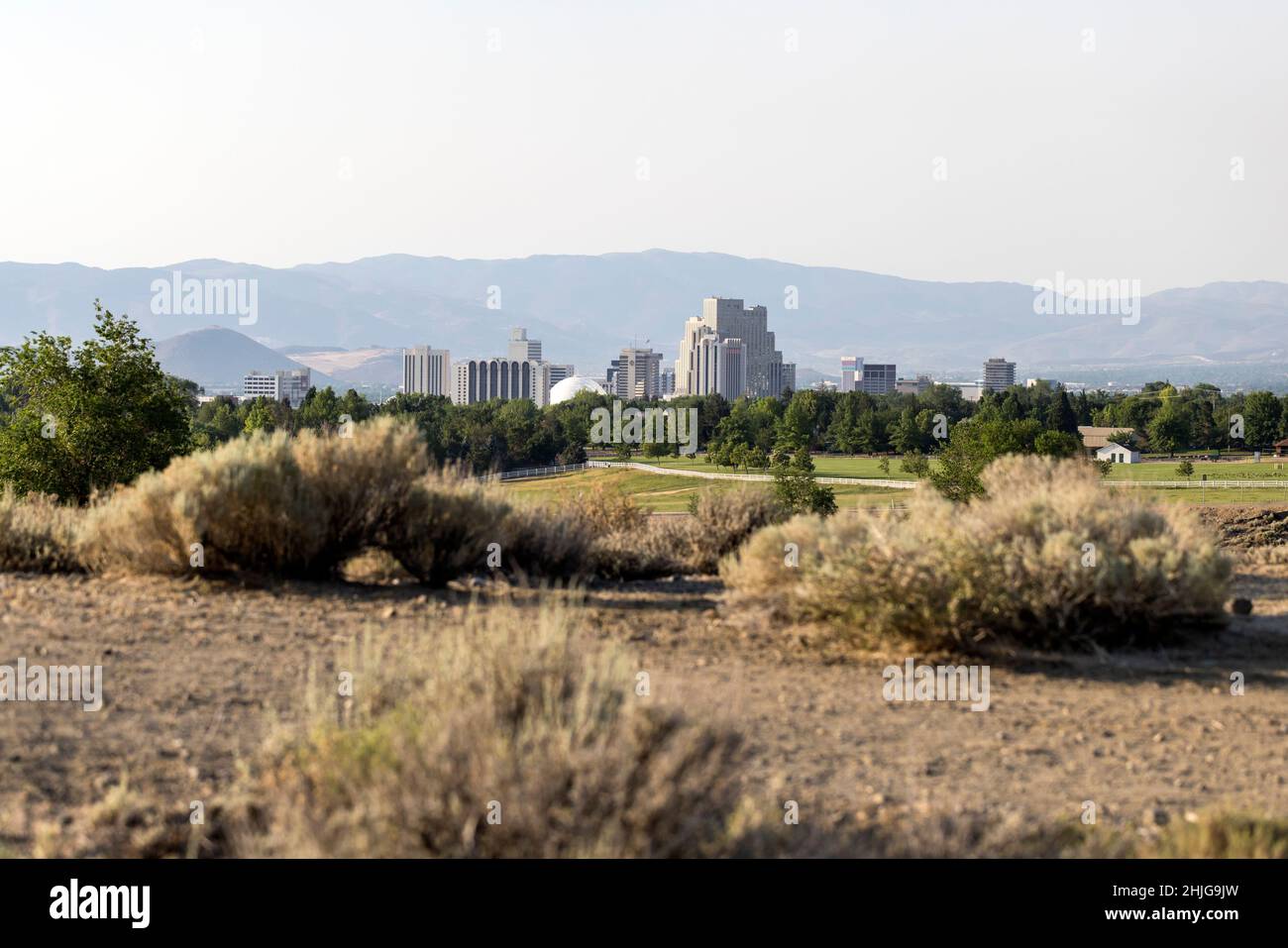 Reno city skyline with a desert park foreground on a smoky day Stock ...