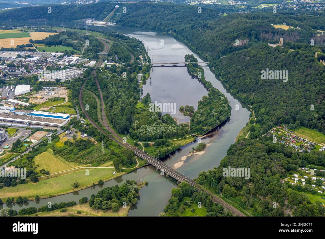 Aerial view, the mouth of the river Lennemündung into the Ruhr near ...