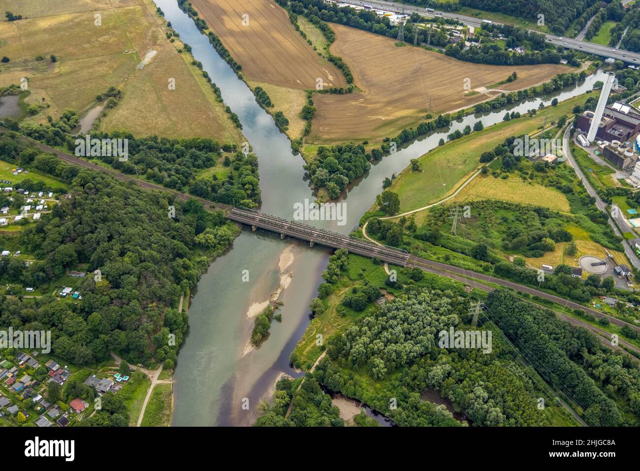 Aerial view, the mouth of the river Lennemündung into the Ruhr near ...