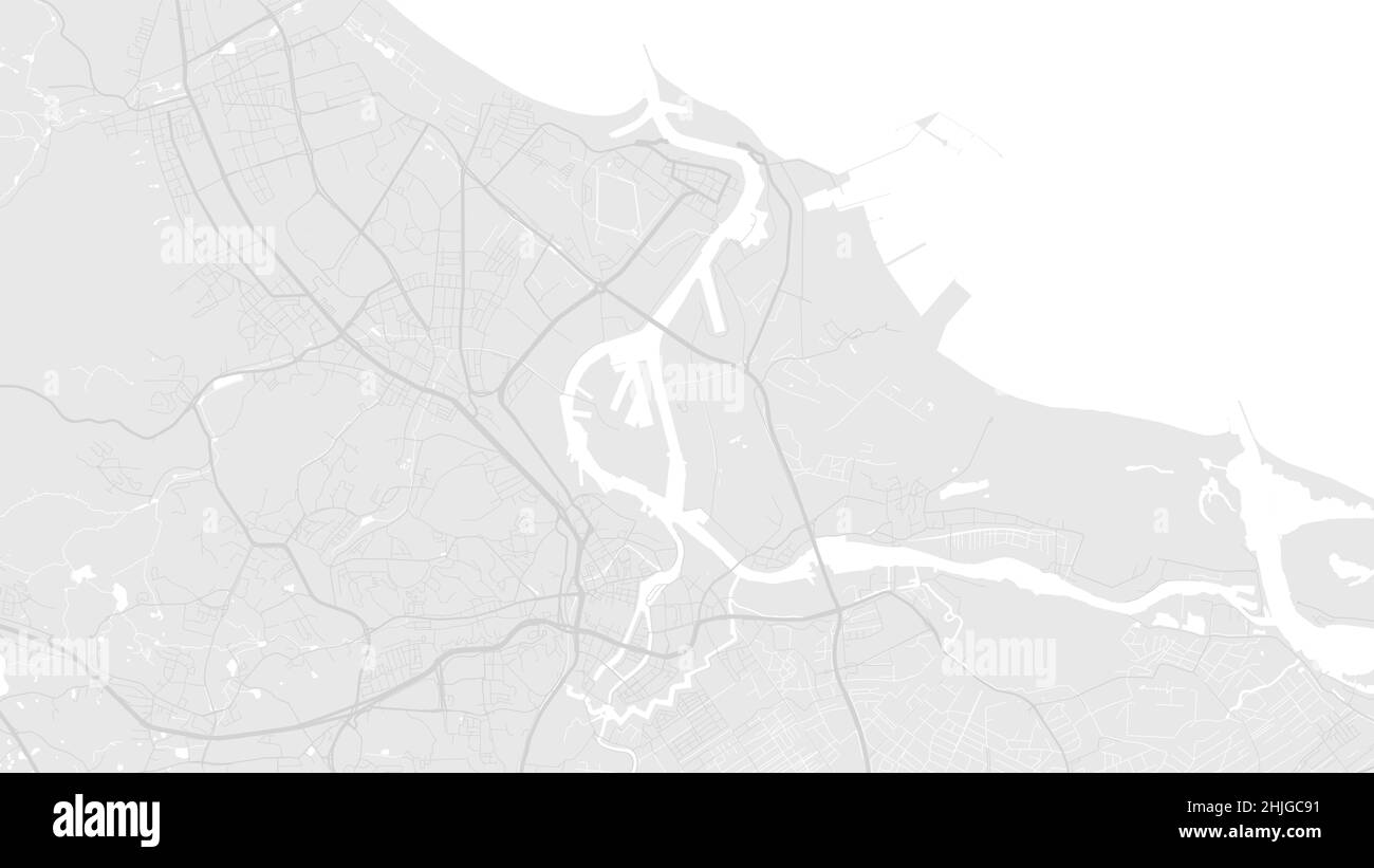 White and light grey Gdańsk city area vector background map, roads and water illustration ...