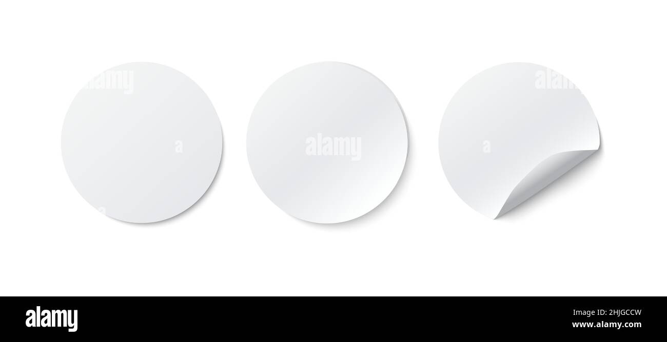 Circle adhesive stickers. Realistic vector white paper round stickers ...