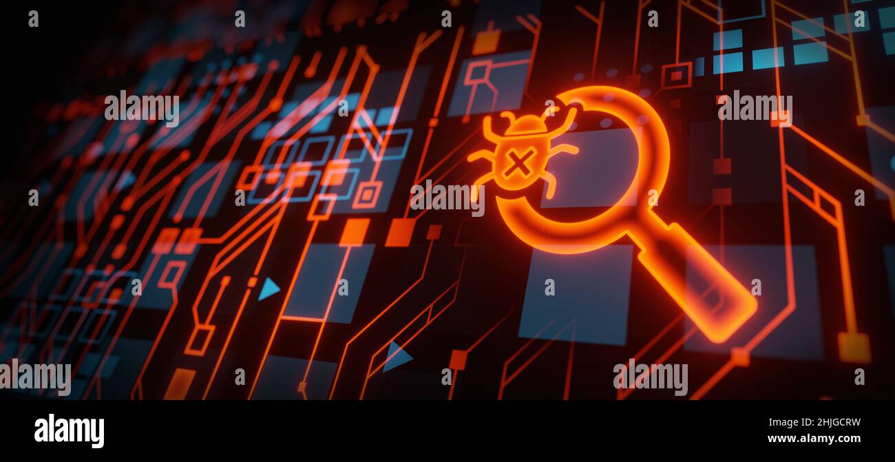 Binary code with BUG and magnifying lens glowing circuit board ...