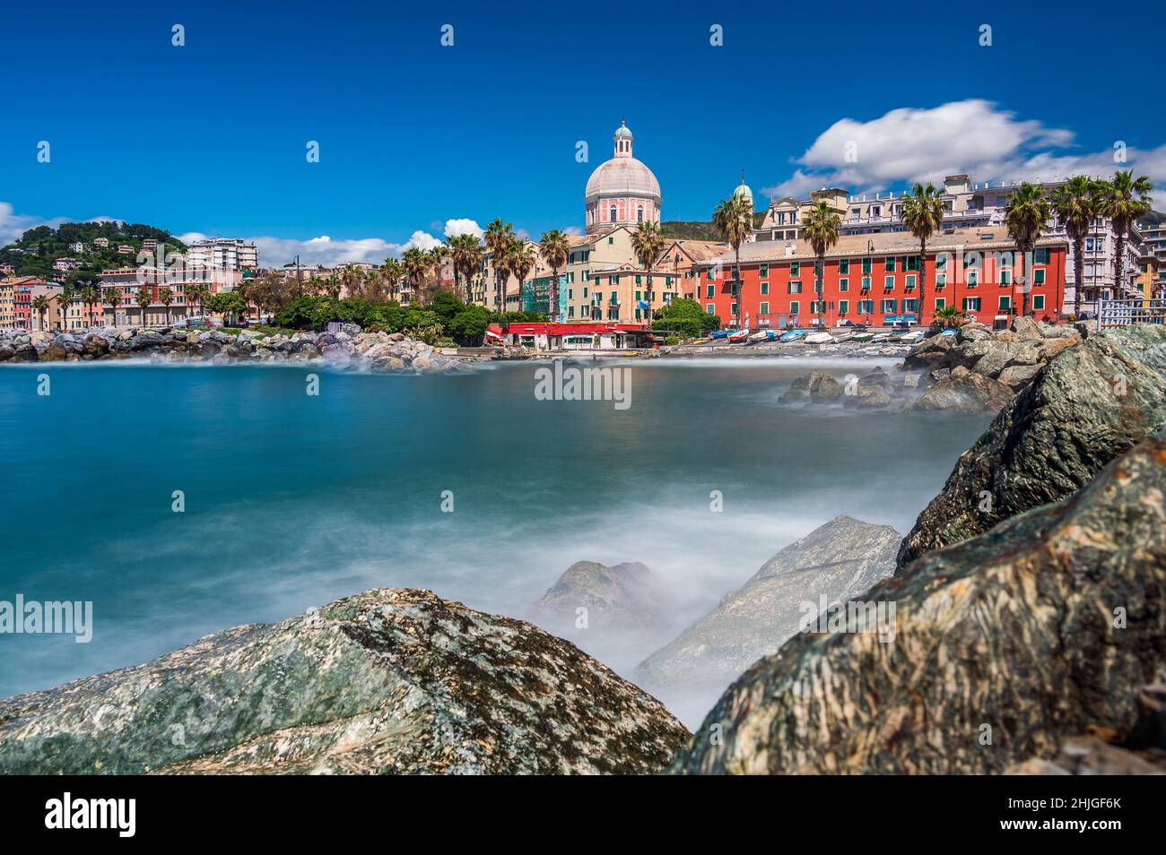 The old town of Pegli (a district of Genoa) seen from the cliffs Stock ...