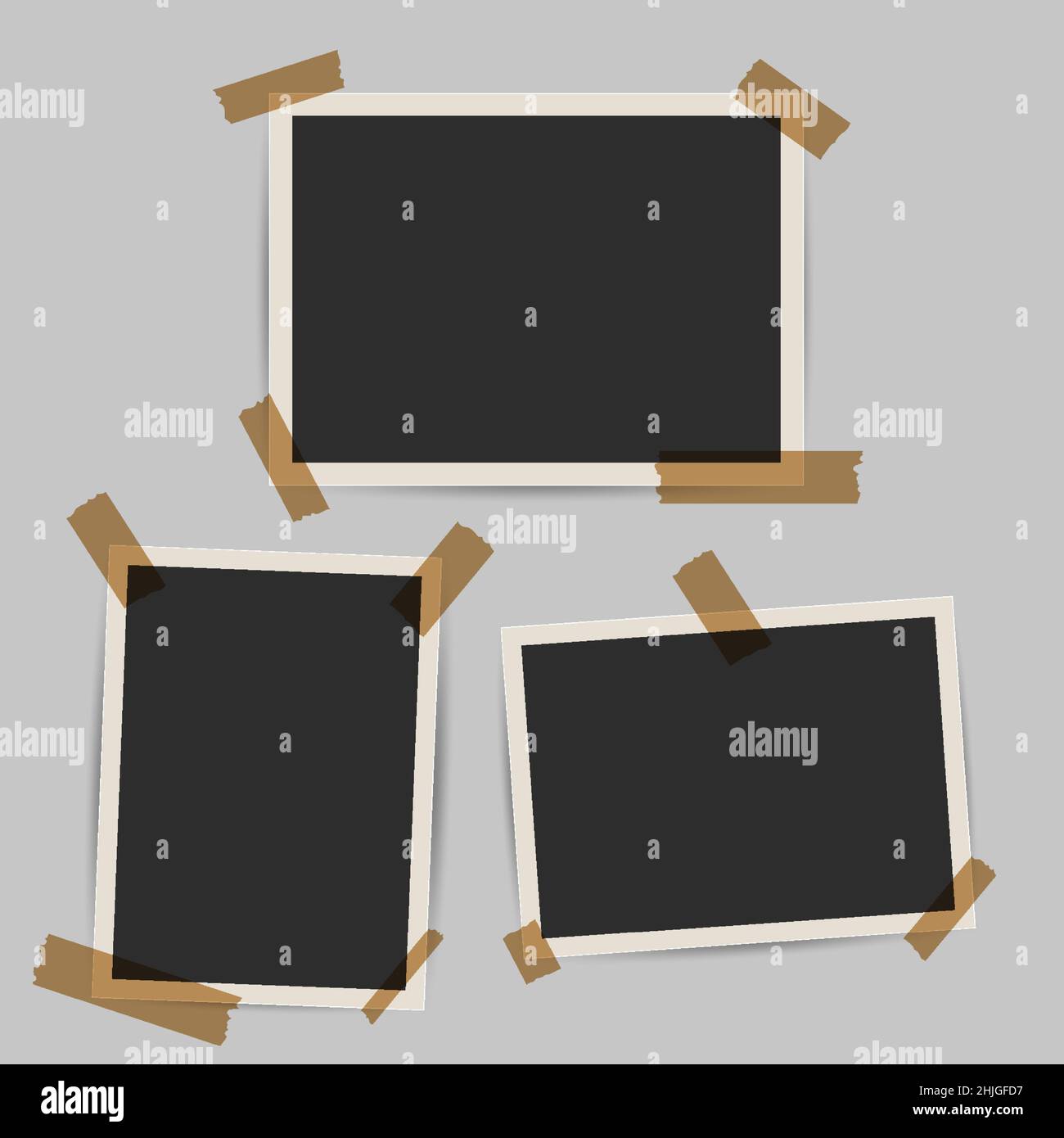 Three old photo frames with tape template. Retro 3D snapshots with ...