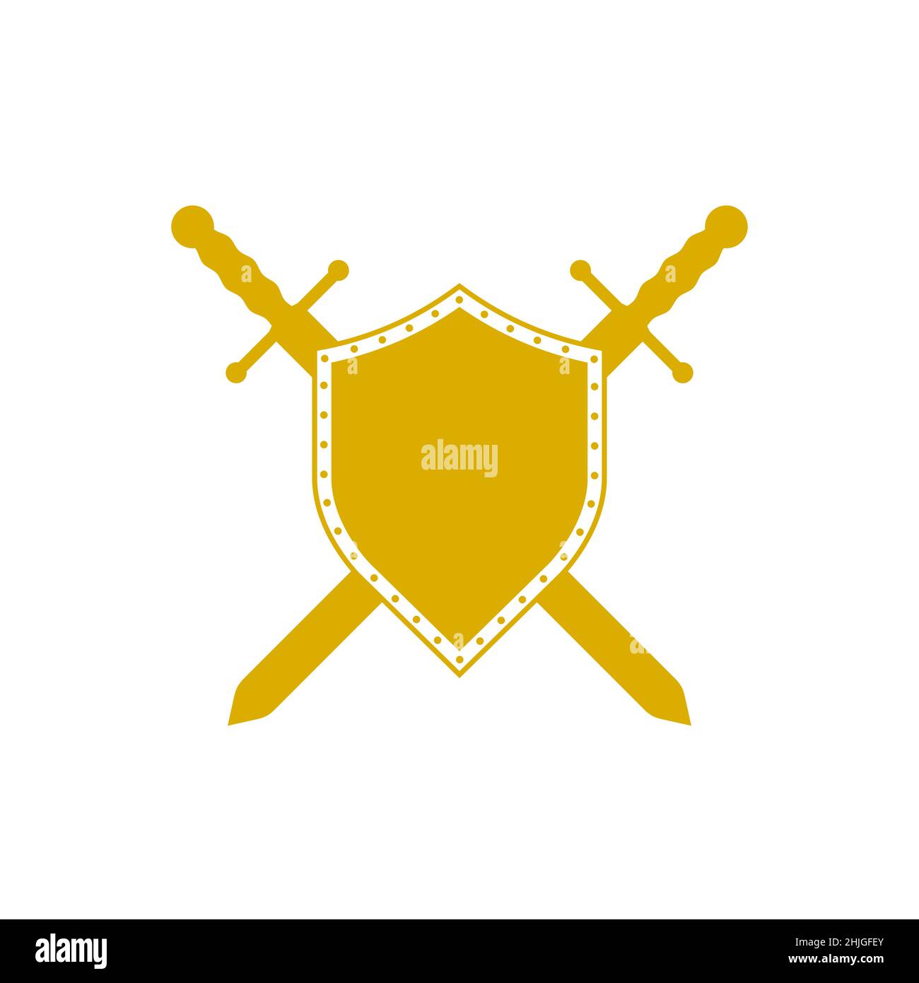 Heraldic shield and crossed swords icon. Golden emblem template. Flat ...