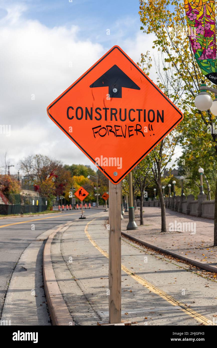 Ottawa, Canada - October 14, 2021: Warning construction ahead orange ...