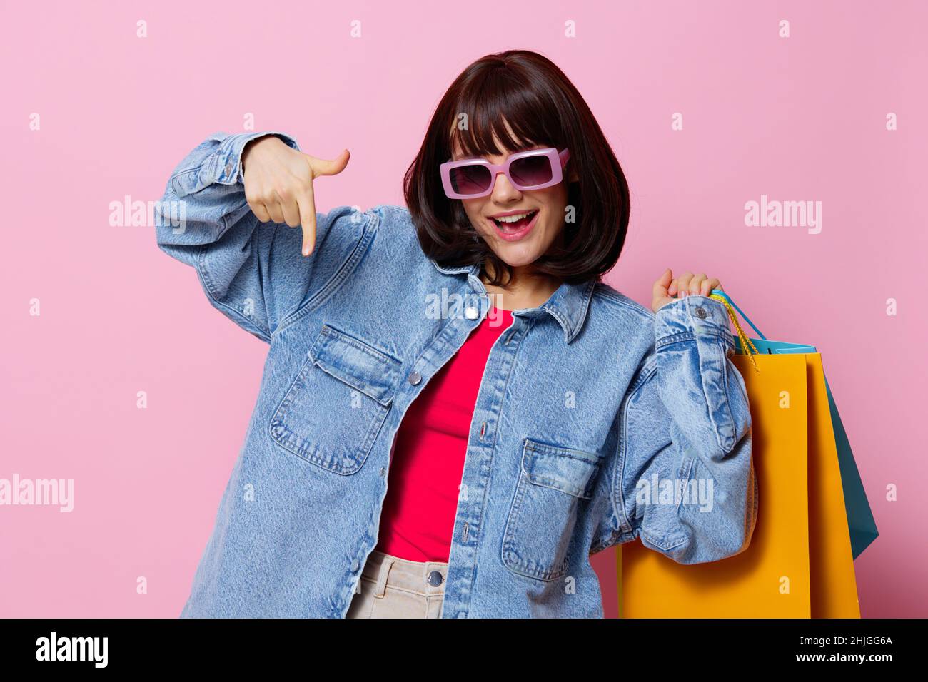 portrait woman shopping emotions posing joy isolated background Stock ...