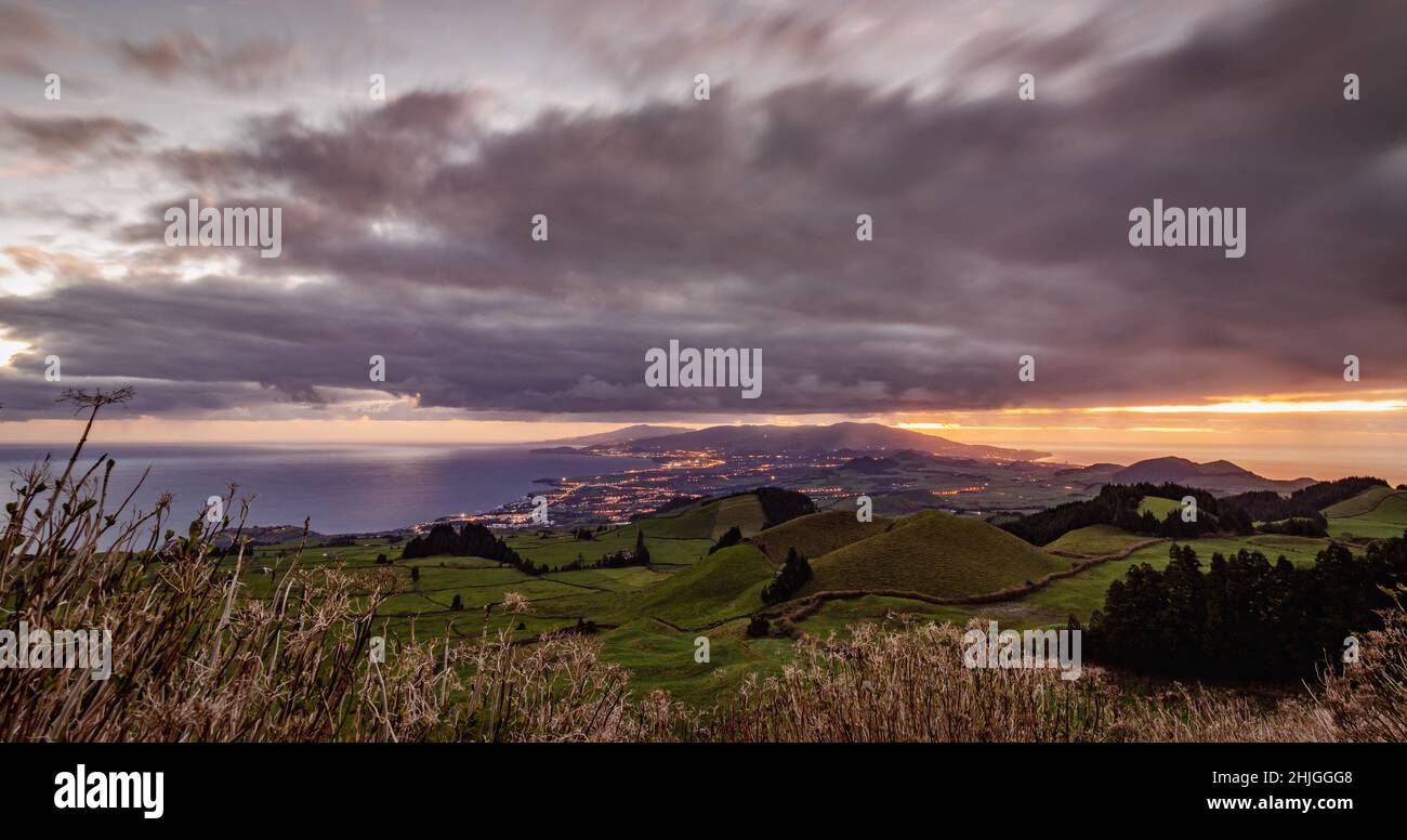 Amazing sunrise, view over the island, Azores travel destination ...