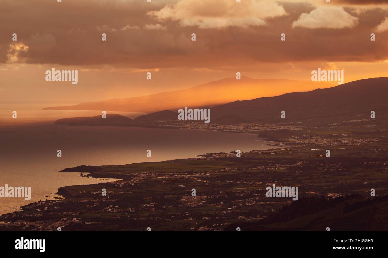 Amazing sunrise, view over the island, Azores travel destination ...
