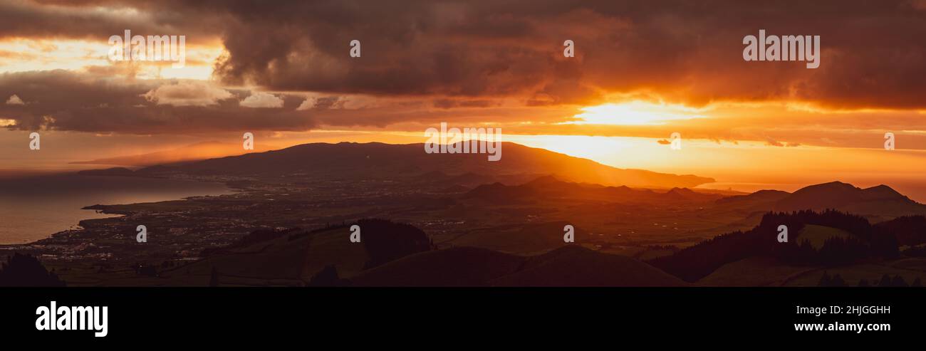 Amazing sunrise, view over the island, Azores travel destination ...