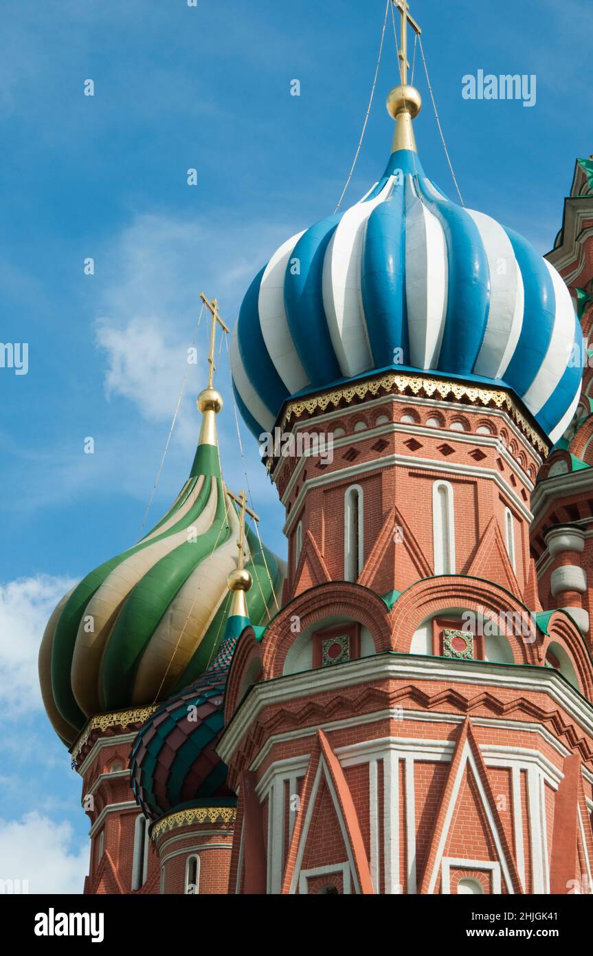 Detail of Saint Basil Cathedral. Towers with colorful domes. Blue sky ...