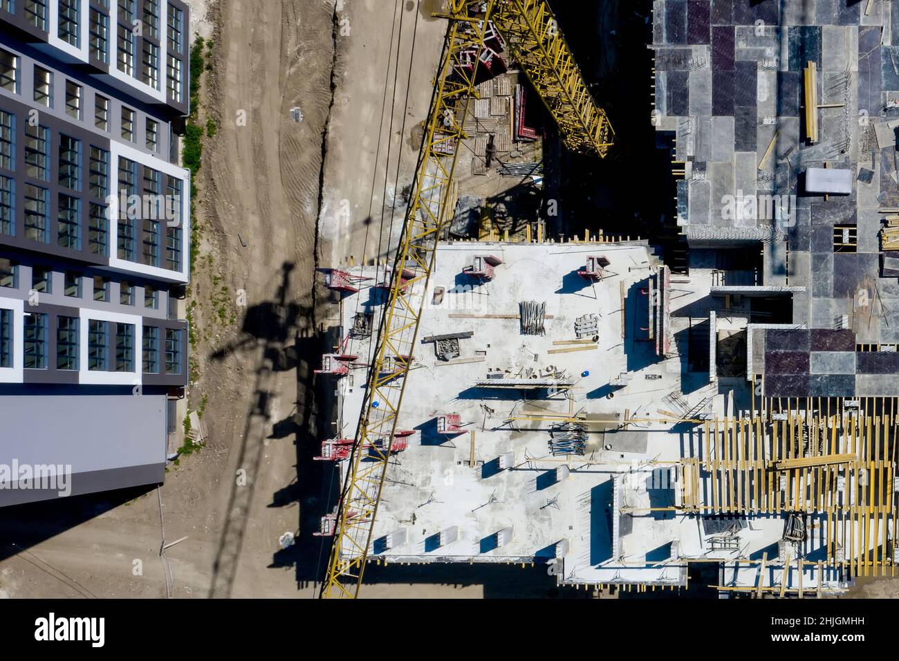 Aerial view of high residential apartment building under construction ...