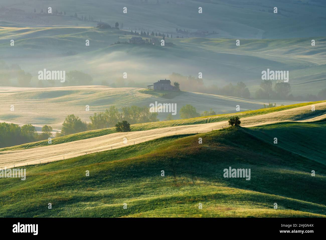 Spring Tuscany. View of the green fields lit by the rays of the sun ...