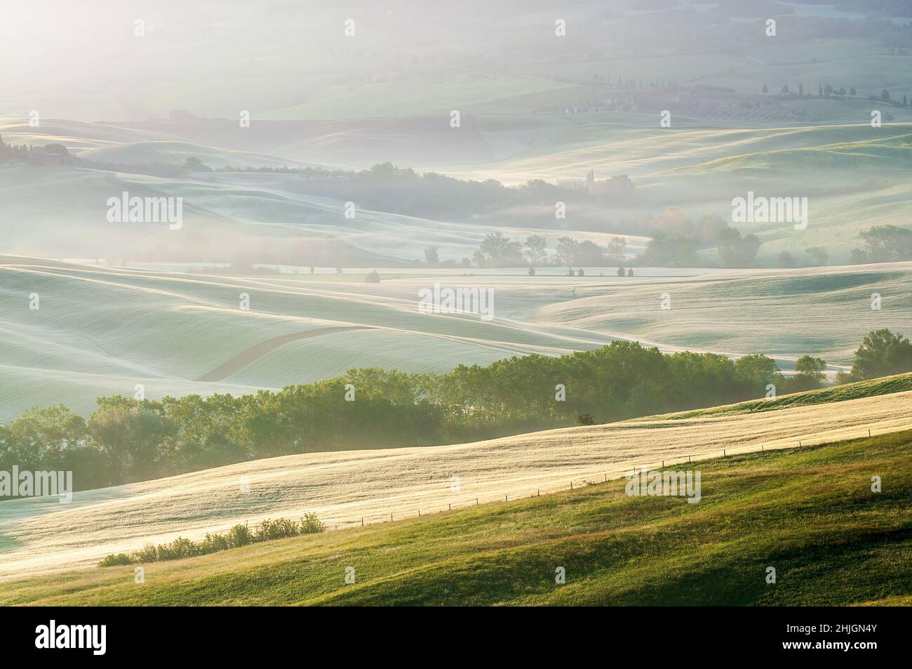 Spring Tuscany. View of the green fields lit by the rays of the sun ...