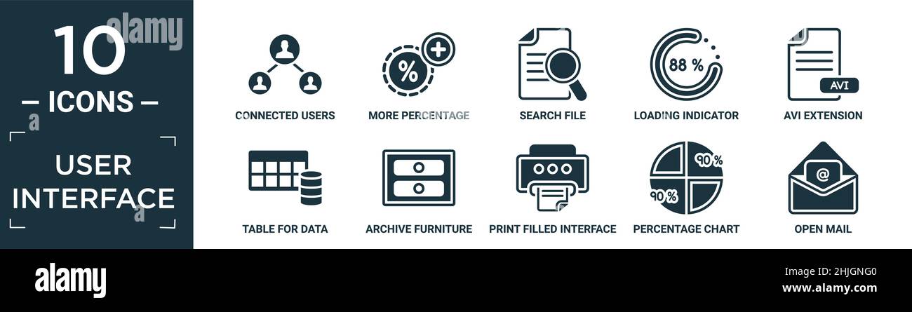 filled user interface icon set. contain flat connected users in flow ...