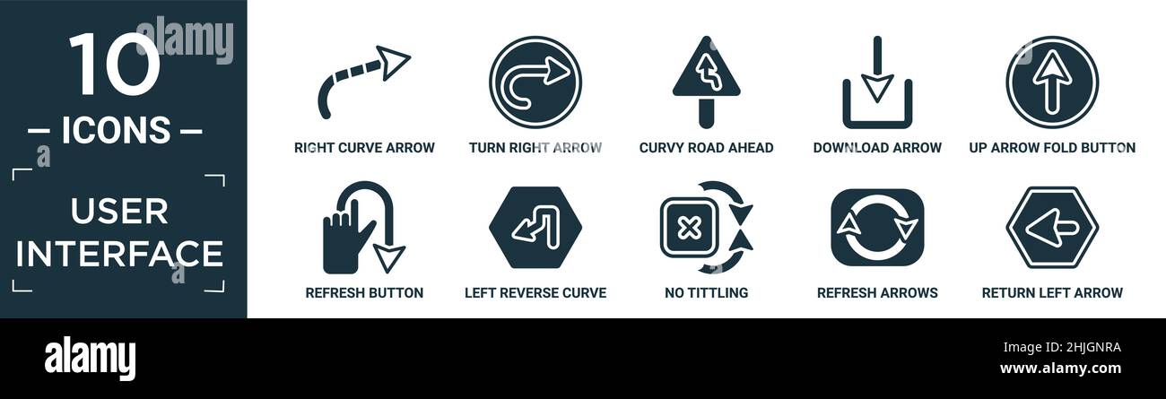 filled user interface icon set. contain flat right curve arrow, turn ...