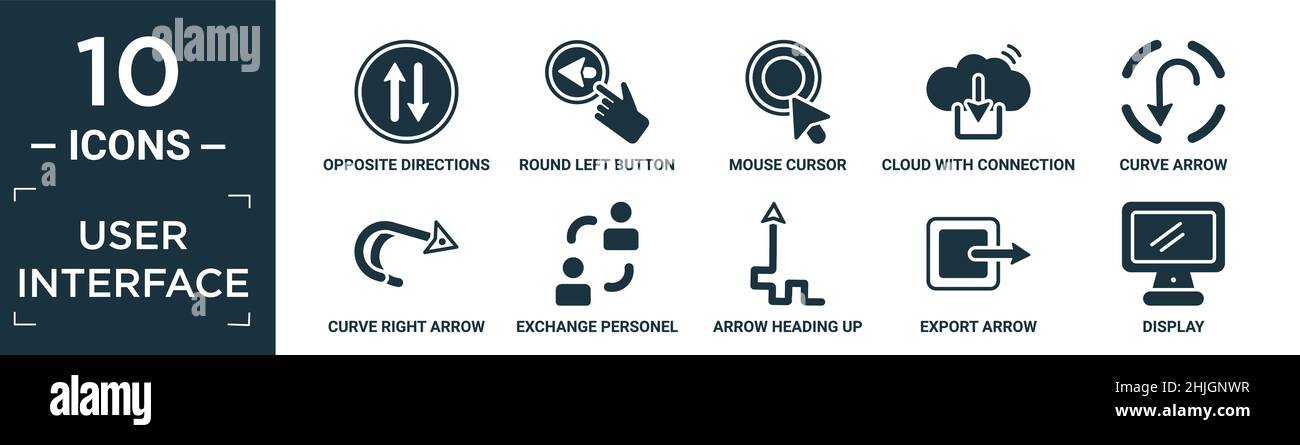 filled user interface icon set. contain flat opposite directions, round left button, mouse ...