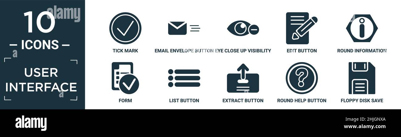 filled user interface icon set. contain flat tick mark, email envelope ...