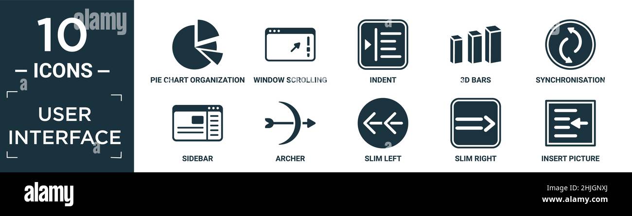 filled user interface icon set. contain flat pie chart organization, window scrolling right ...