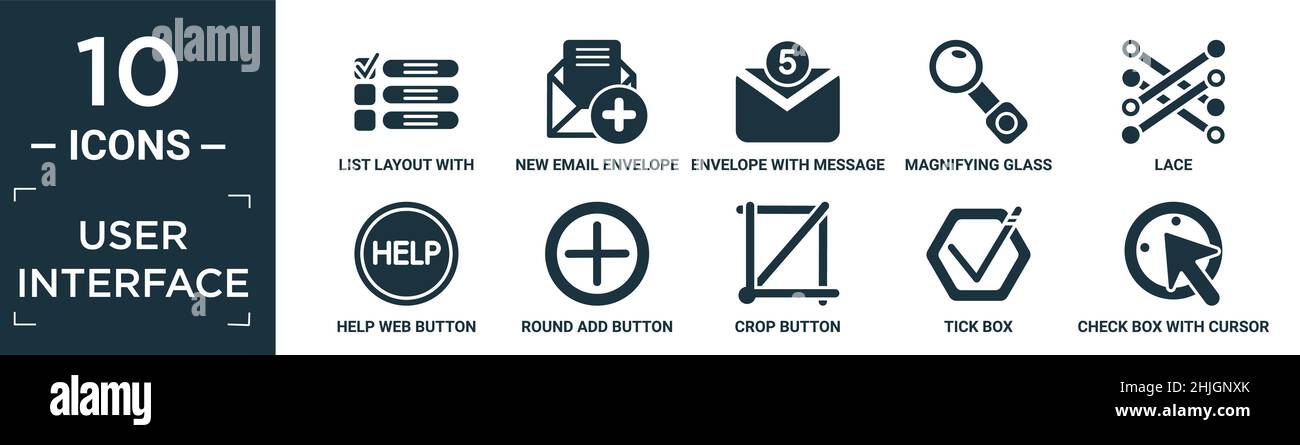 filled user interface icon set. contain flat list layout with check boxes, new email envelope ...