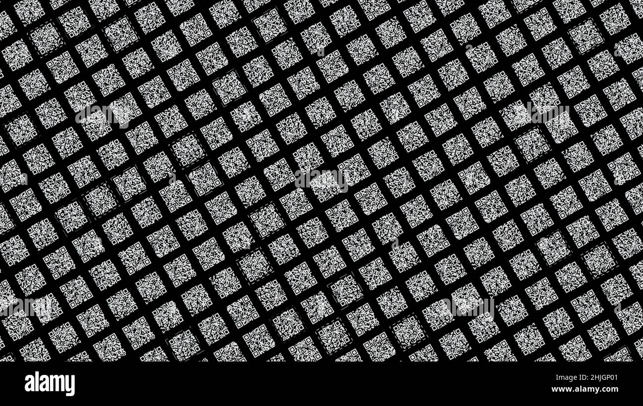 Abstract diagonal rows of square shaped black and white QR codes moving ...