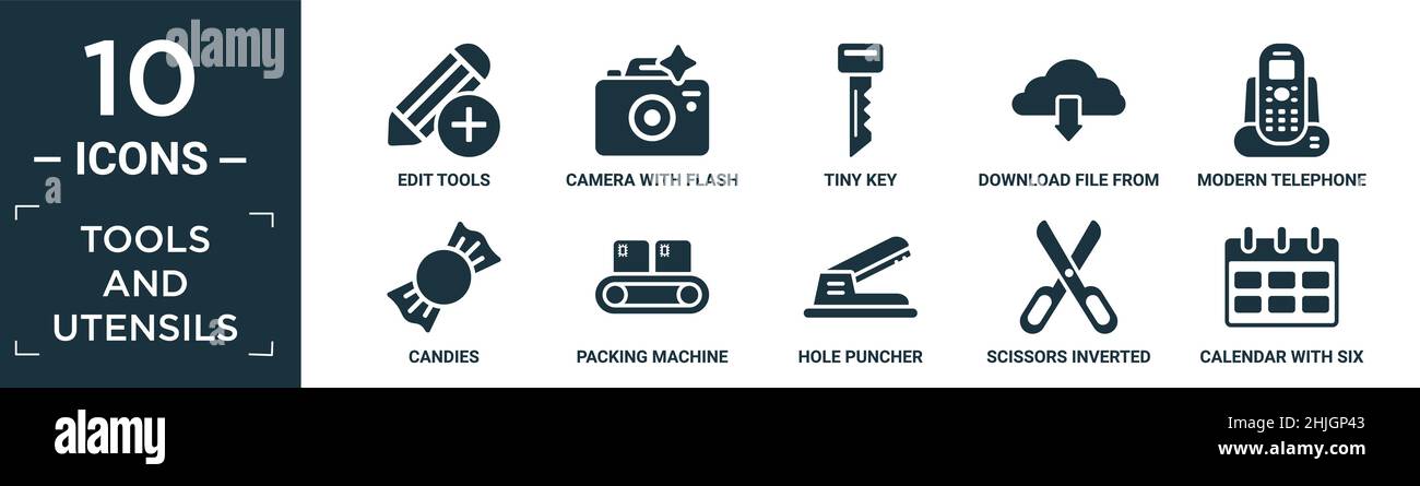 filled tools and utensils icon set. contain flat edit tools, camera ...
