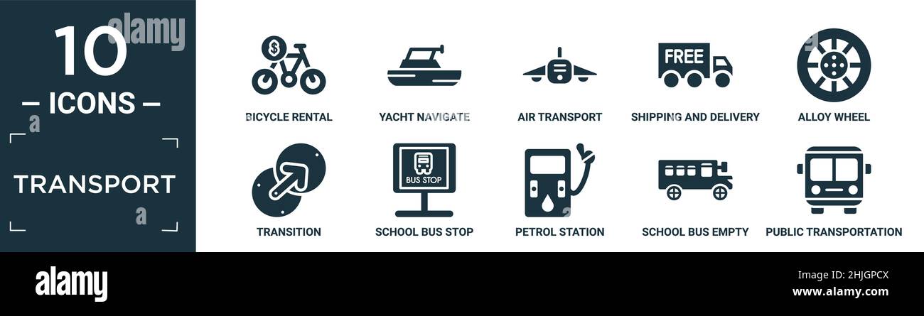 filled transport icon set. contain flat bicycle rental, yacht navigate ...