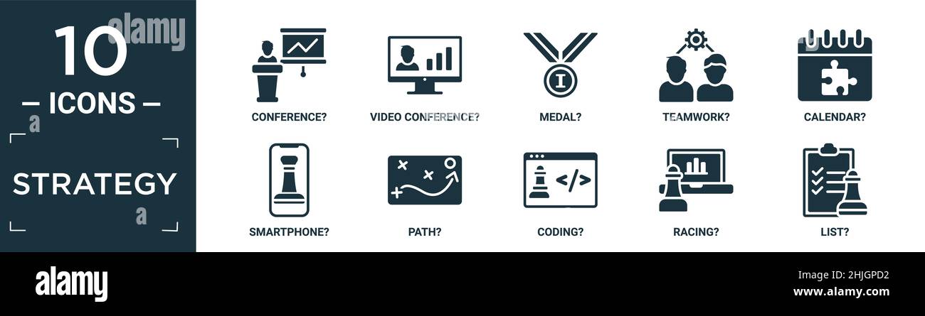 filled strategy icon set. contain flat conference?, video conference ...