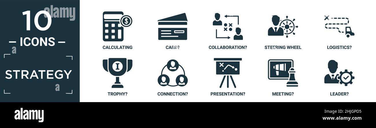 filled strategy icon set. contain flat calculating, card ...