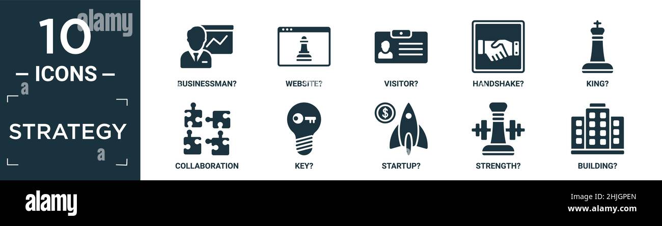 filled strategy icon set. contain flat businessman?, website?, visitor ...