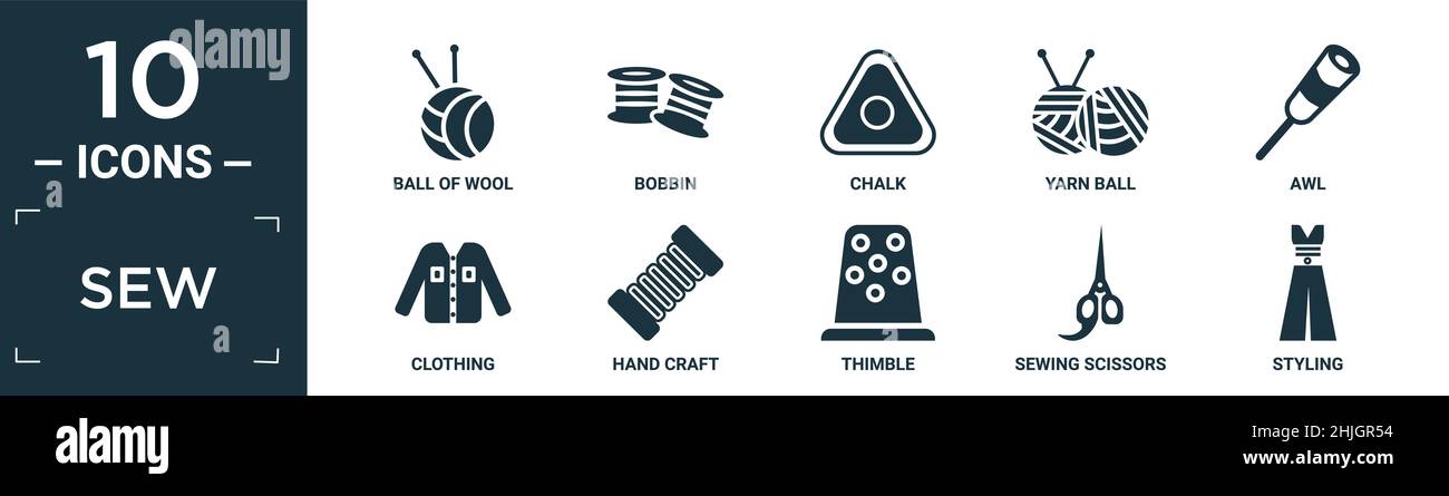 filled sew icon set. contain flat ball of wool, bobbin, chalk, yarn ...