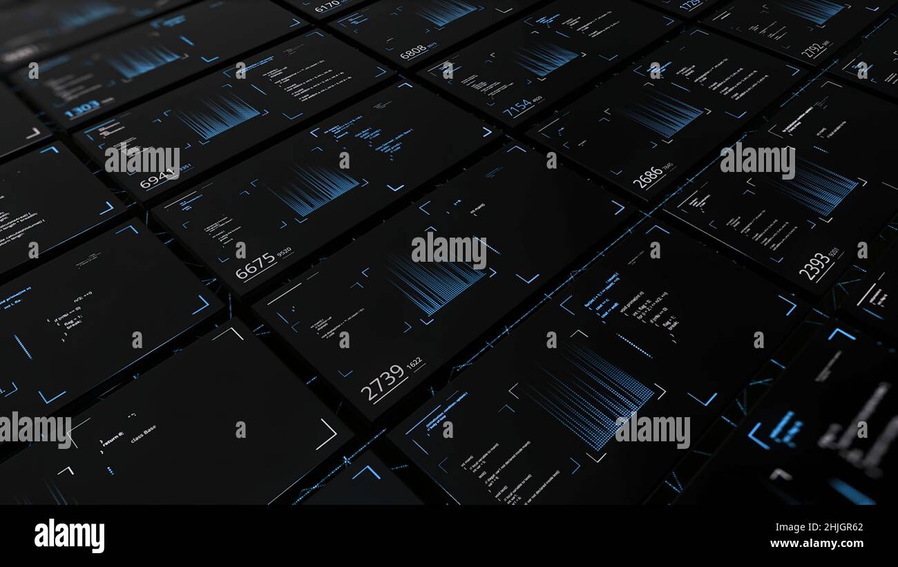 Technology cells with neon digital data. Animation. Dark interactive cells with changing ...