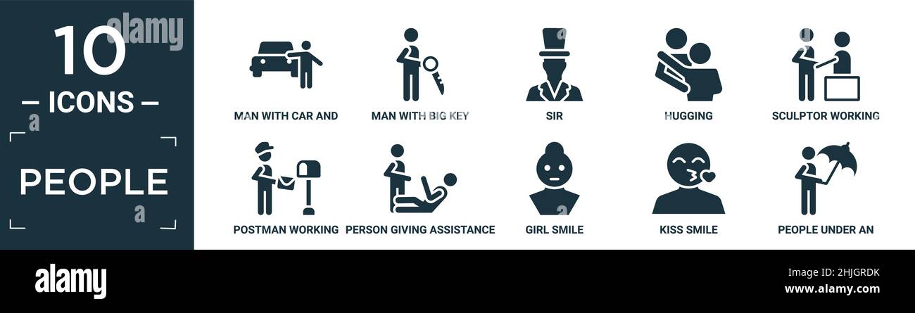 filled people icon set. contain flat man with car and suitcase, man ...