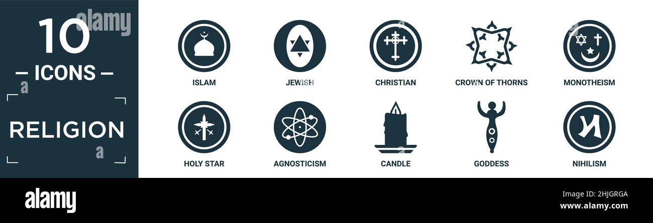 filled religion icon set. contain flat islam, jewish, christian, crown ...