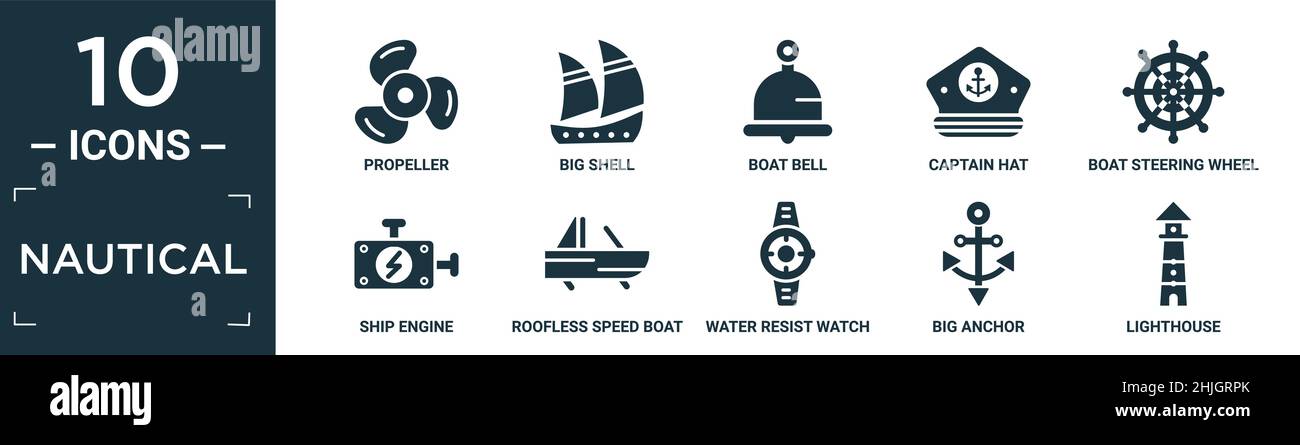 filled nautical icon set. contain flat propeller, big shell, boat bell ...