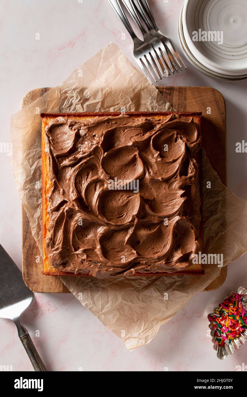 Sponge cake with swirly chocolate frosting Stock Photo - Alamy
