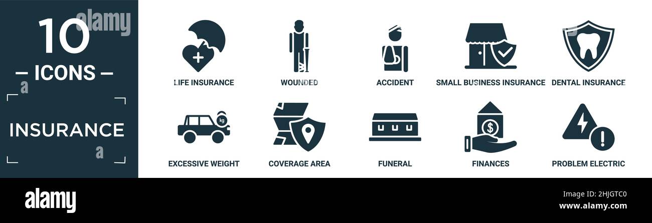 filled insurance icon set. contain flat life insurance, wounded ...