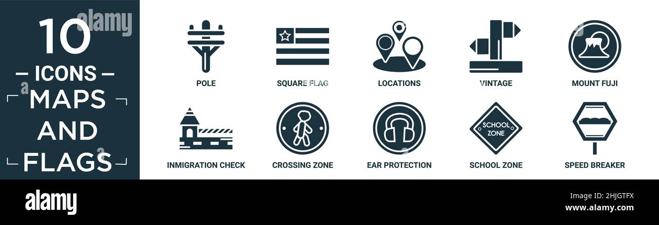 filled maps and flags icon set. contain flat pole, square flag ...
