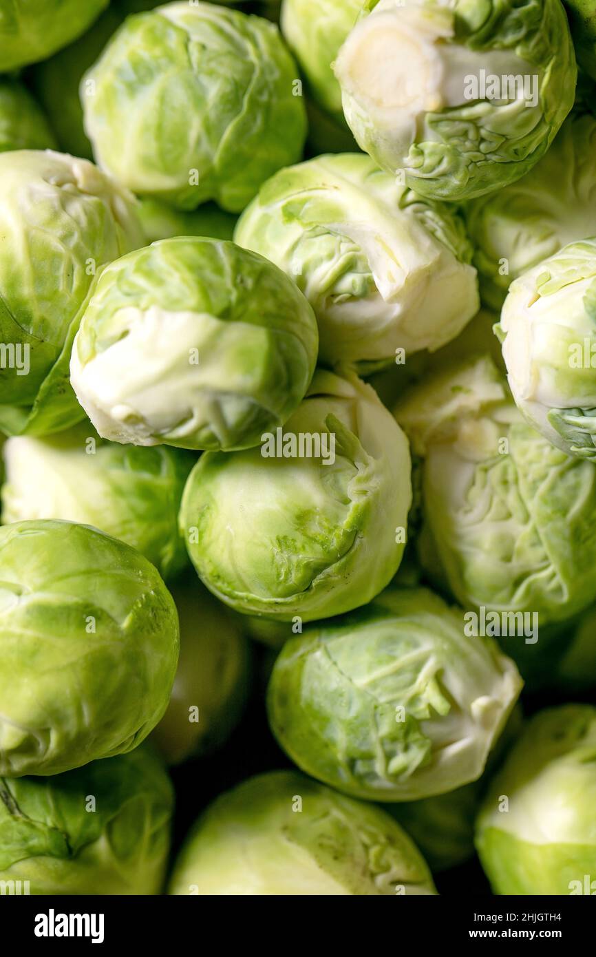Close up of peeled raw organic brussels sprouts mini cabbage ...