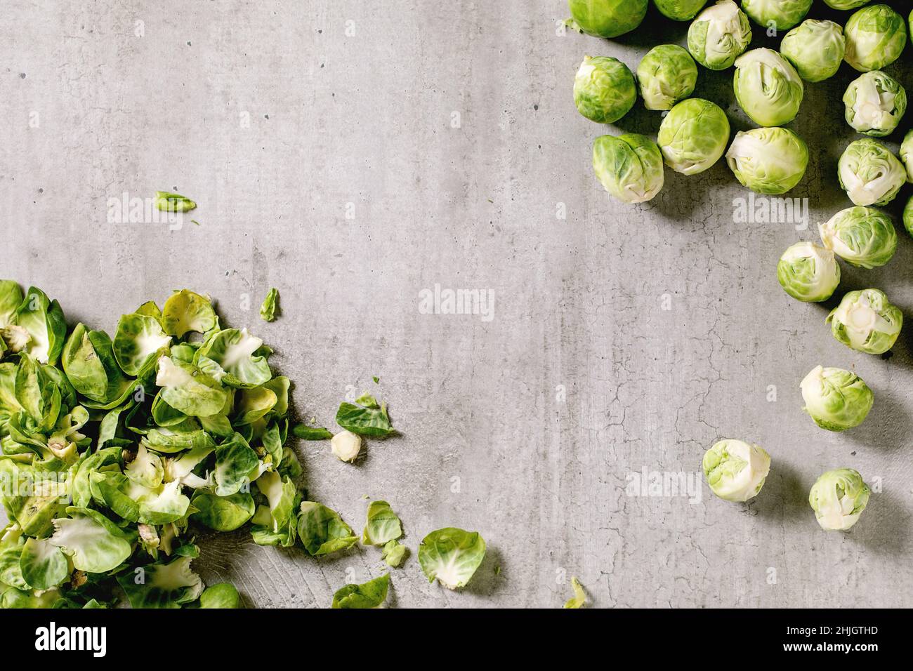 Heap of peeled raw organic brussels sprouts mini cabbage cabbage peel ...