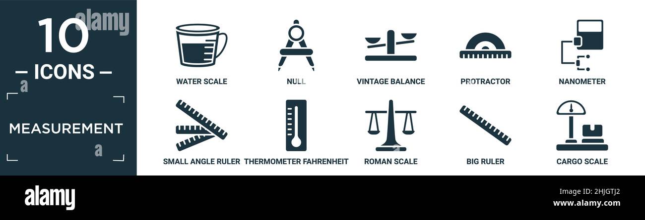 filled measurement icon set. contain flat water scale, null, vintage ...