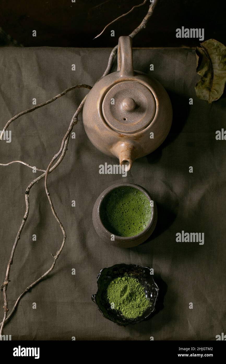 Traditional japanese hot green frothy tea matcha in ceramic cup ...