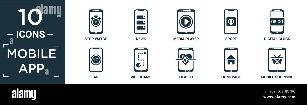 filled mobile app icon set. contain flat stop watch, news, media player, sport, digital clock ...